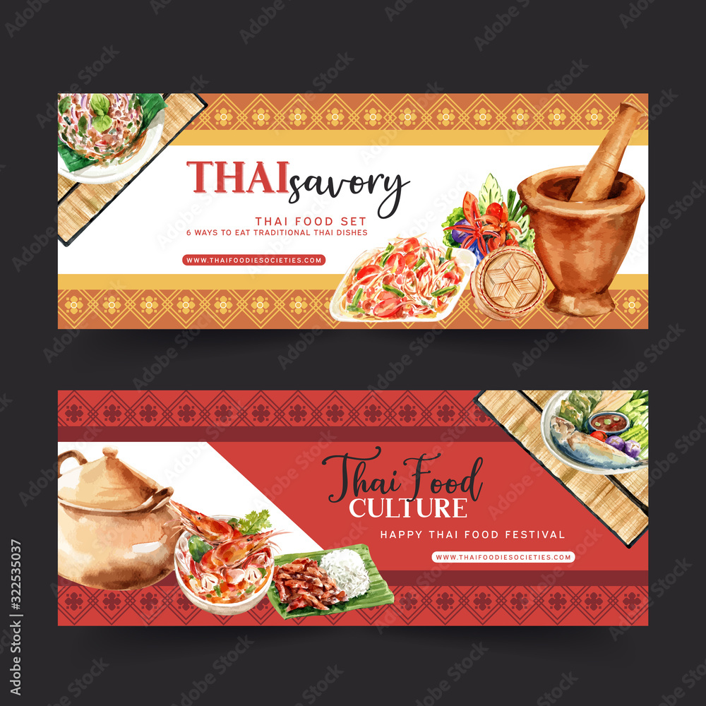 Thai food banner design with papaya salad, tom yum soup illustration ...