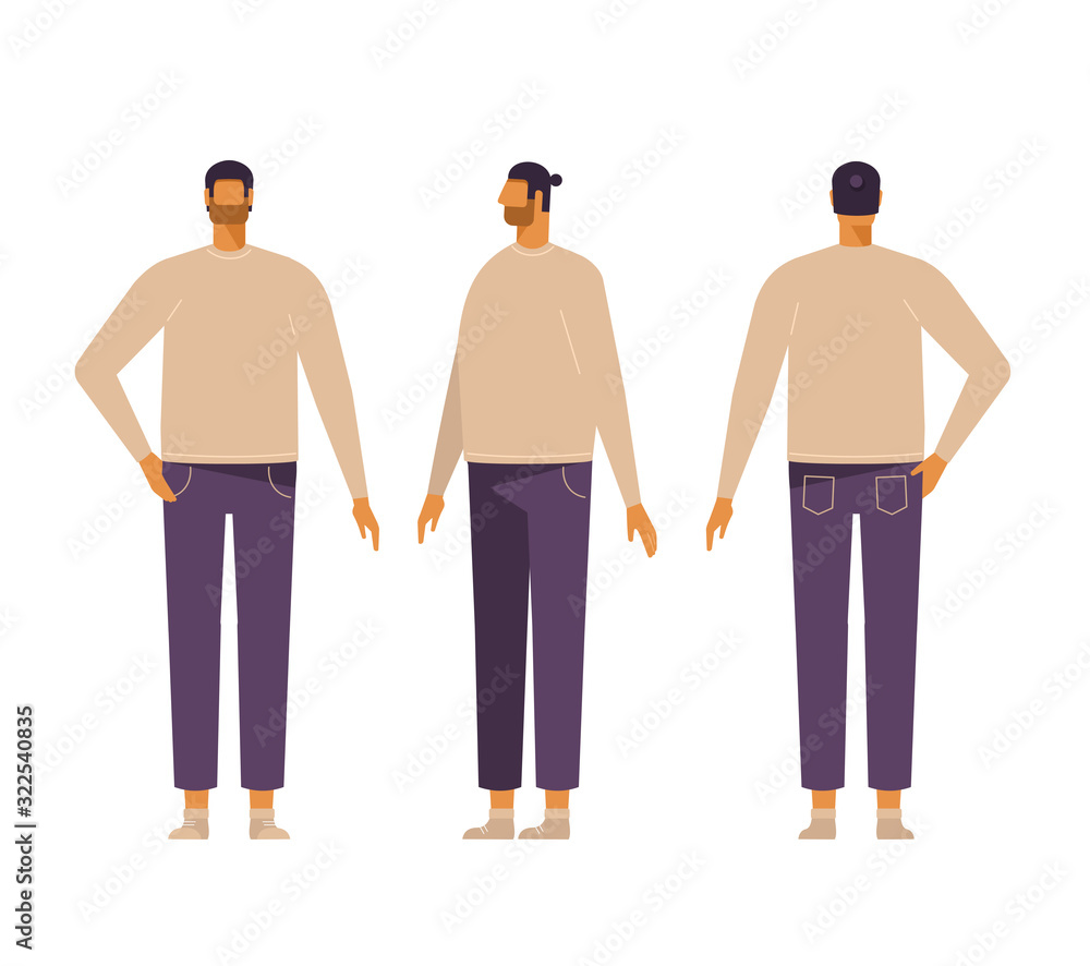 Man creation kit. Set of body positions for animation. Front, side ...