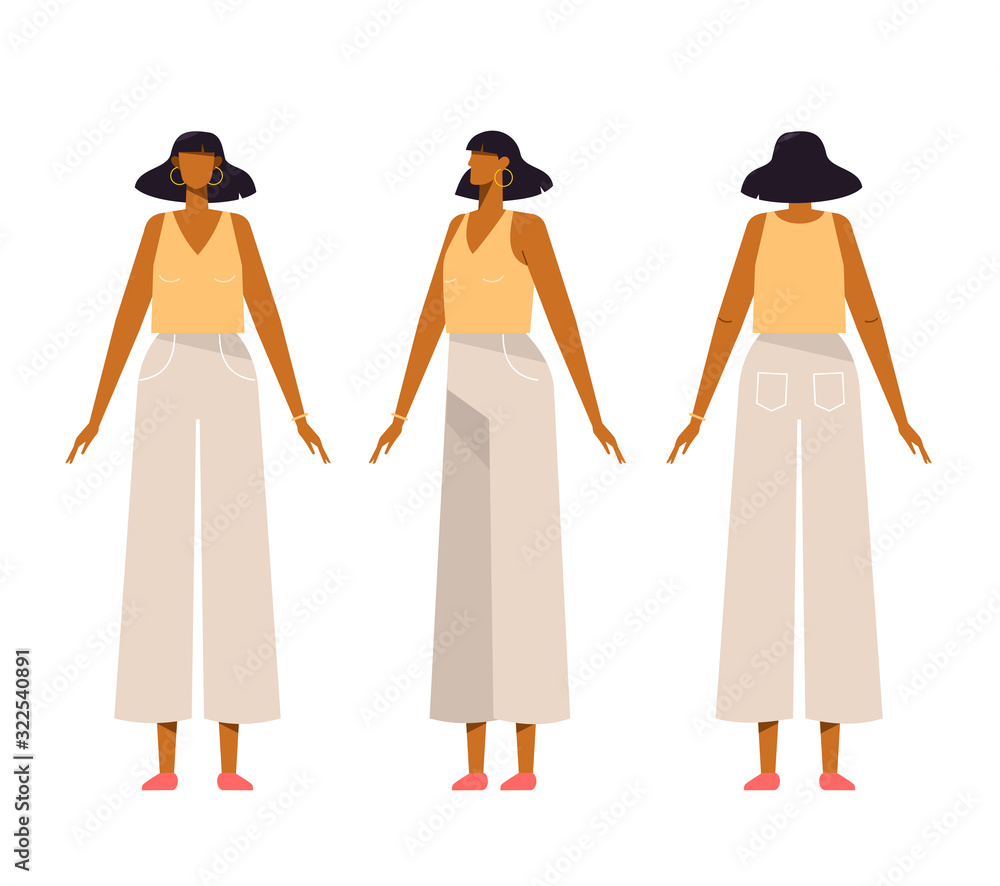 Woman cartoon character. Set of body positions for animation. Front ...