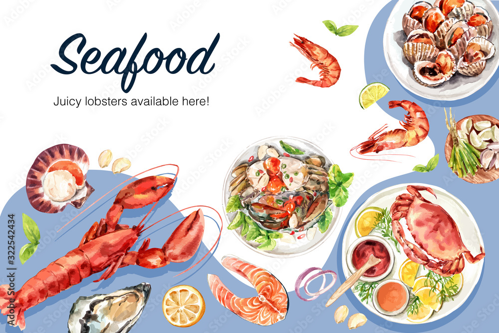 Seafood frame design with lobster, fish, crab illustration watercolor ...