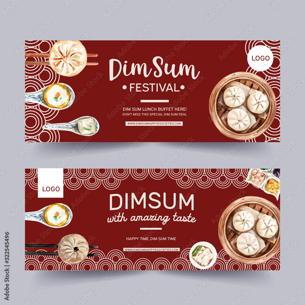 Dim sum banner design with dumpling, steamed bun watercolor ...
