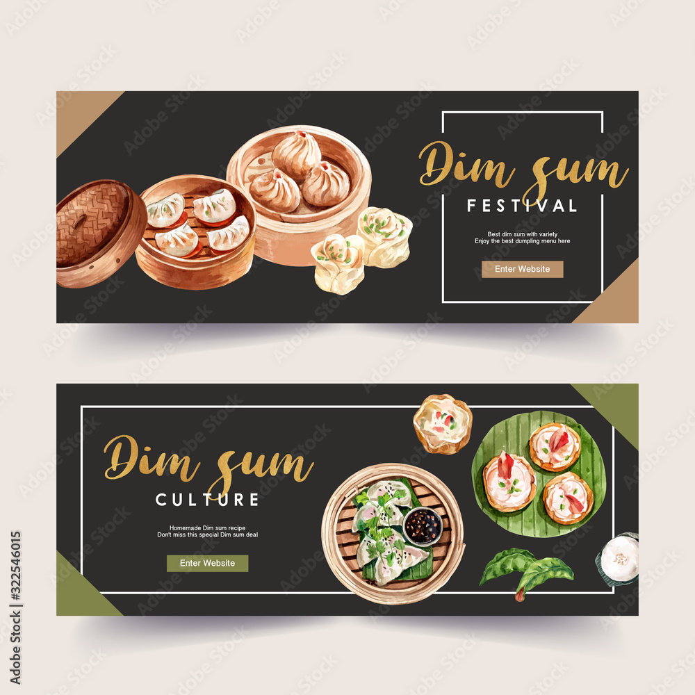 Dim sum banner design with steamed bun, dumpling watercolor ...