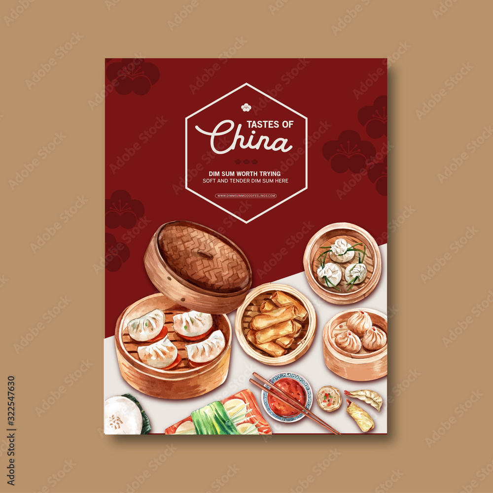 Dim sum poster design with spring roll watercolor illustration. Stock ...