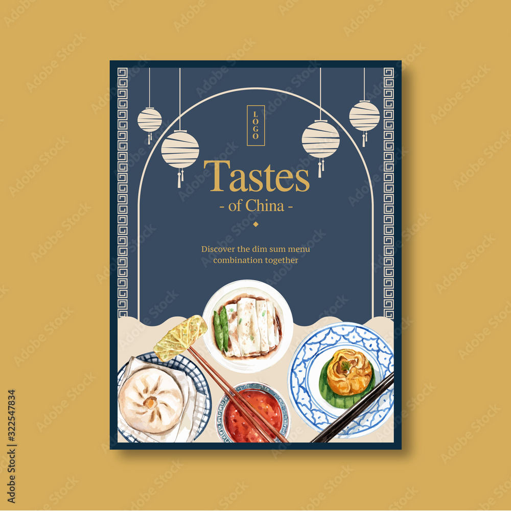 Dim sum poster design with spring roll, dumpling watercolor ...