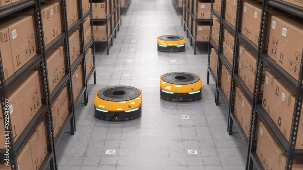 Autonomous robots moving shelves with cardboard boxes in automated ...