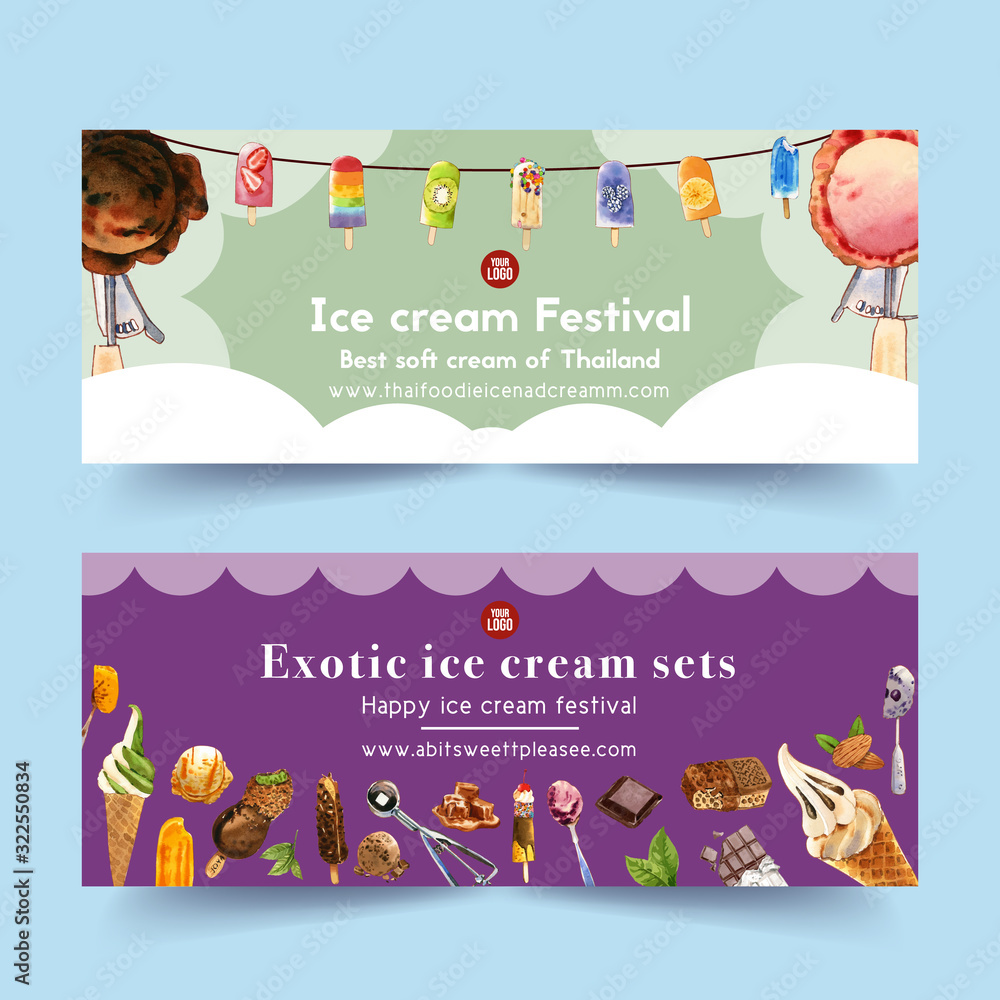 Ice cream banner design with mix fruits, chocolate watercolor ...