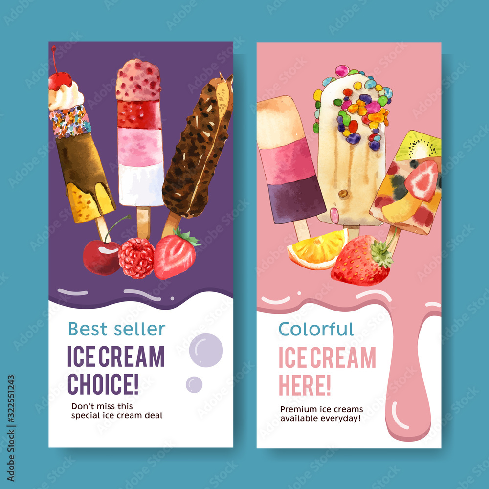 Ice cream flyer design with strawberry, chocolate watercolor ...