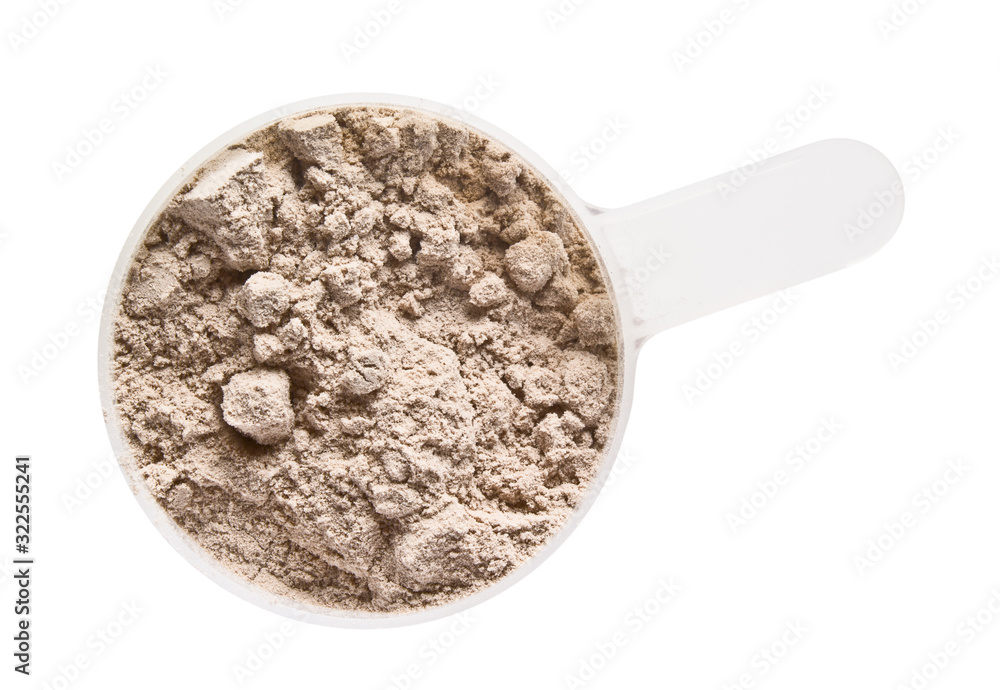 Protein powder scoop isolated. Chocolate casein supplement powder cup ...