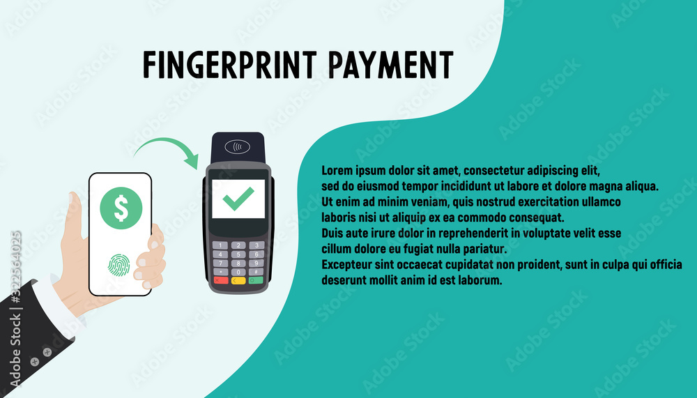 Fingerprint payment vector website template. Mobile contactless cards ...