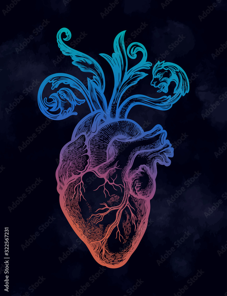 Naturalistic heart in a frame of flowers and thorns.Vintage gothic ...