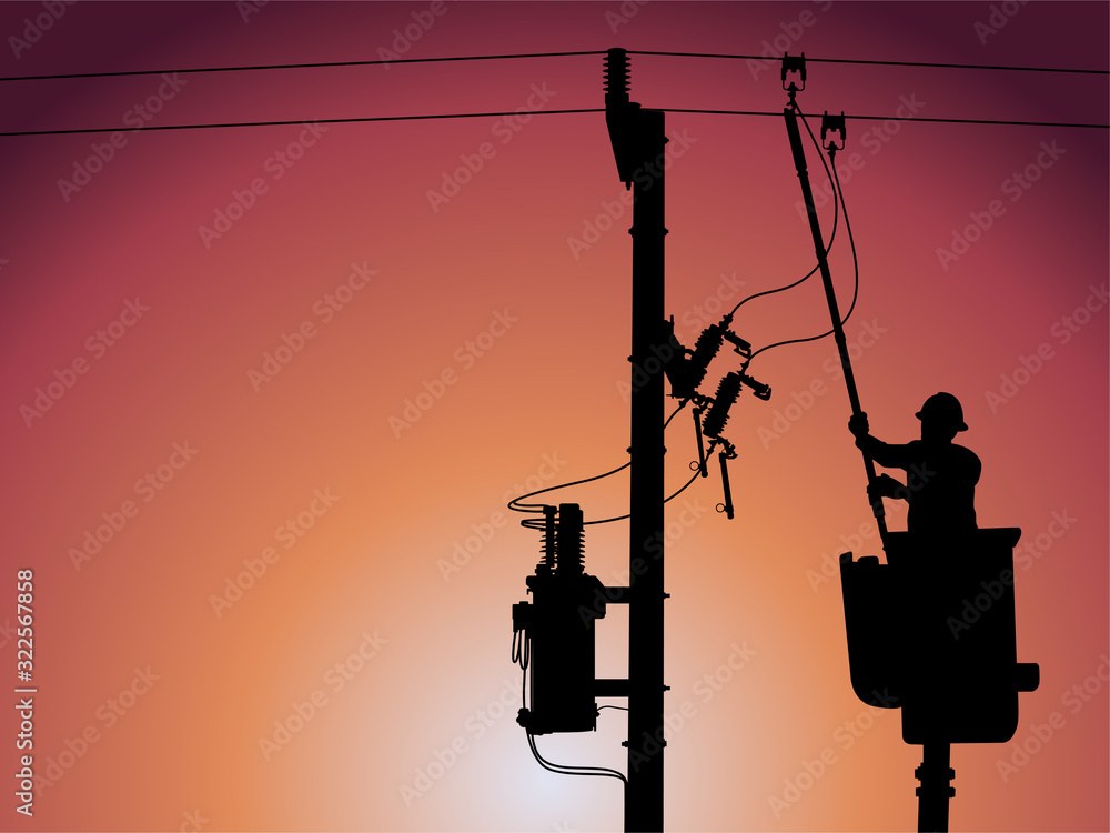 Stockvektorbilden Silhouette of power lineman stand on bucket truck and ...