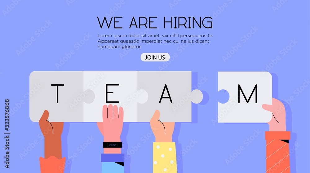 Different hands holding jigsaw puzzle with a word team. Concept or we ...