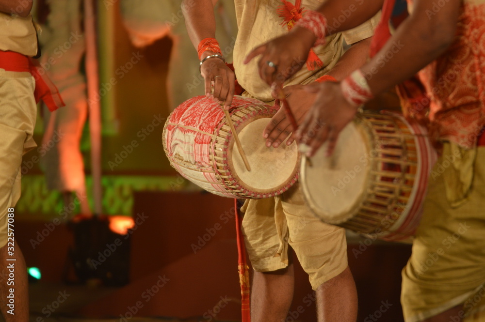 Artist perform with indian music instrument dhol in open stage festival ...