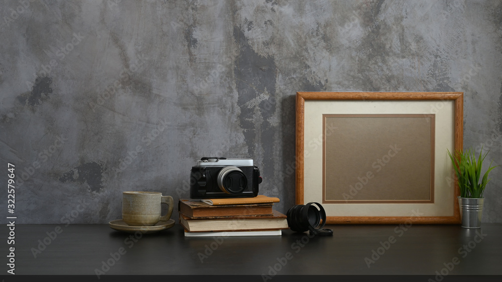 Workspace Photography working desk with film camera, coffee cup ...