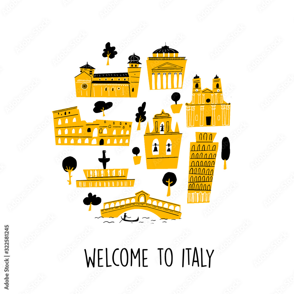 Vector illustration of famous italian attractions and landmarks in ...