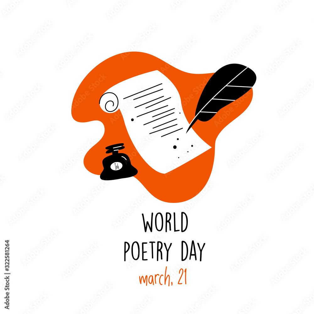 World poetry day, march 21.Vector illustration of feathe, manuscript ...