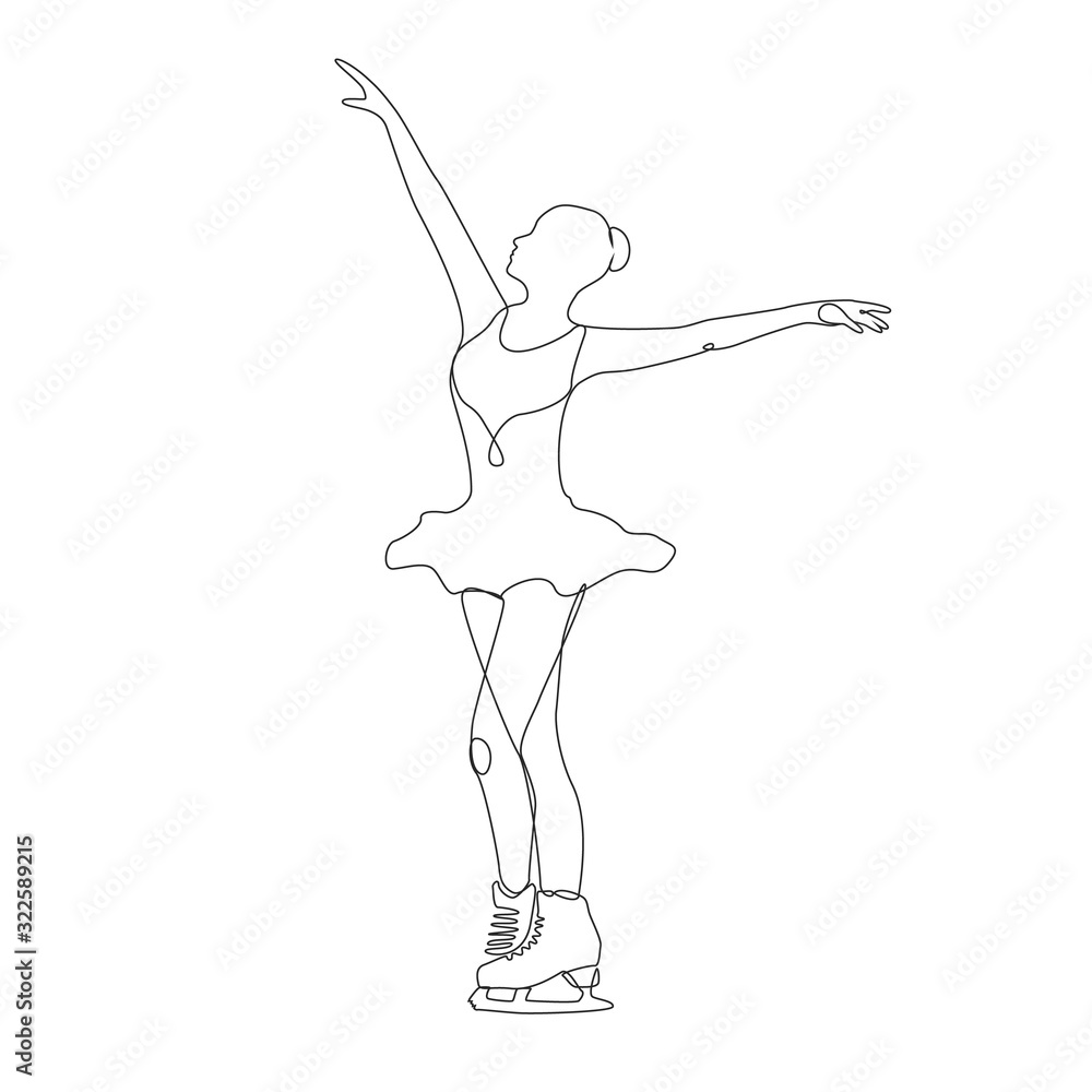 Figure skater one line drawing on white isolated background. A young ...