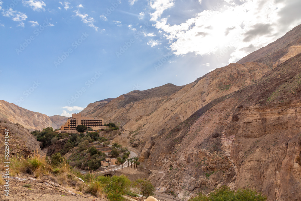 Hot spring valley. Hammamat Ma'in hot springs, Jordan. Hot springs are ...