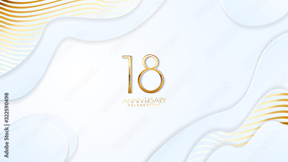 18th anniversary celebration. Golden number with realistic fluid white ...