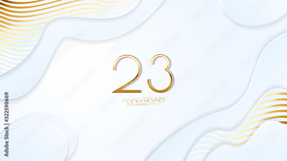 23rd anniversary celebration. Golden number with realistic fluid white ...