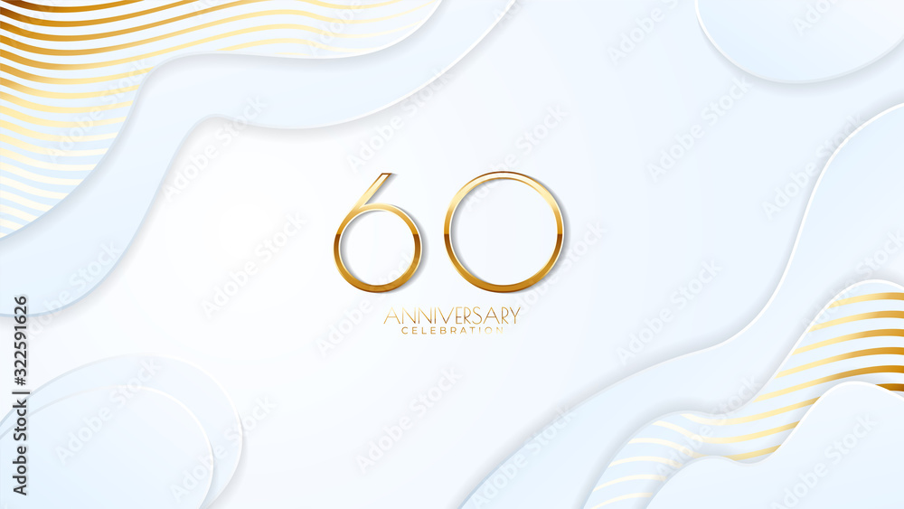 60th anniversary celebration. Golden number with realistic fluid white ...