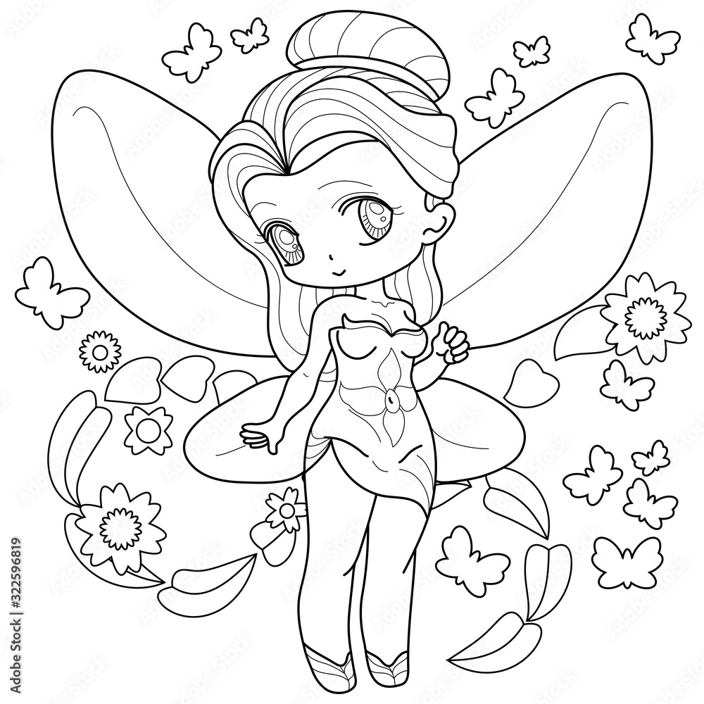 Spring little fairy girl with wings, Outlined on white background for ...