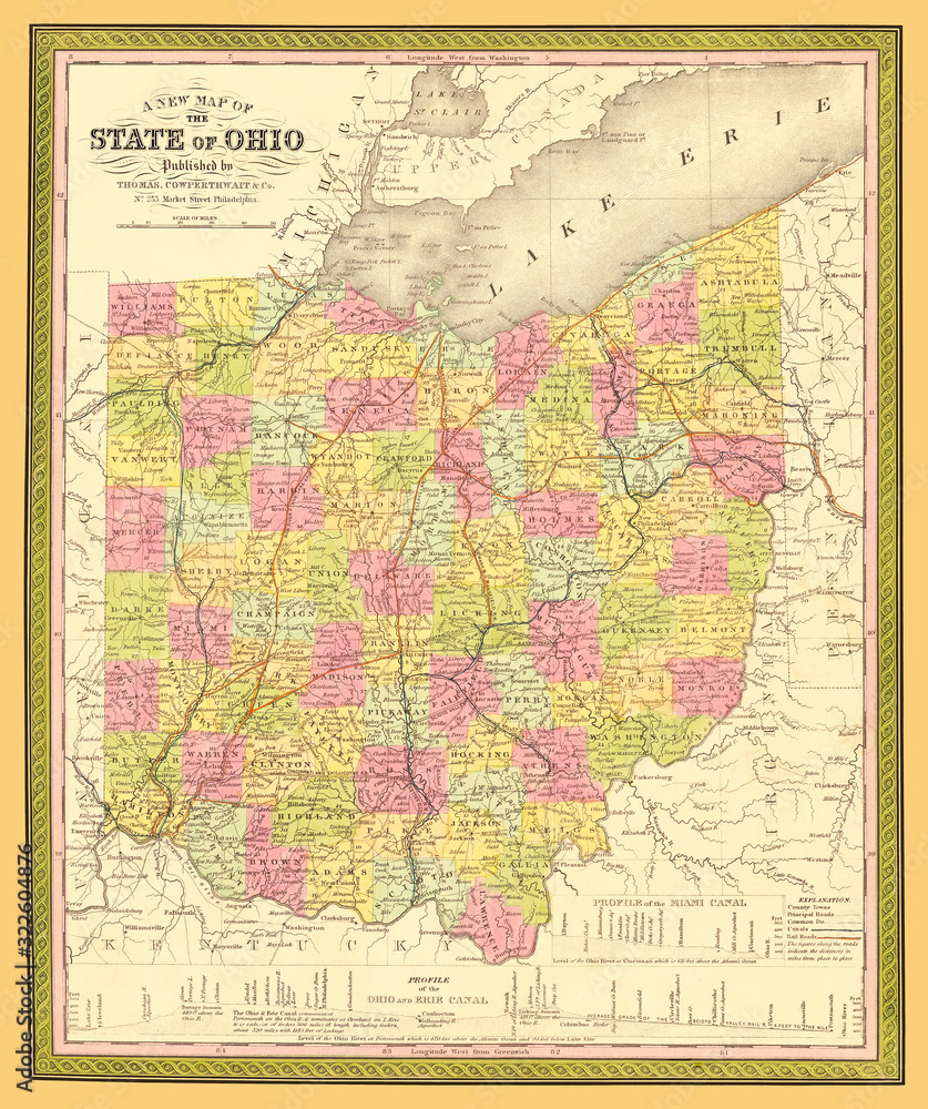 Antique Map of Ohio, 1850, a restored reproduction, showing counties ...
