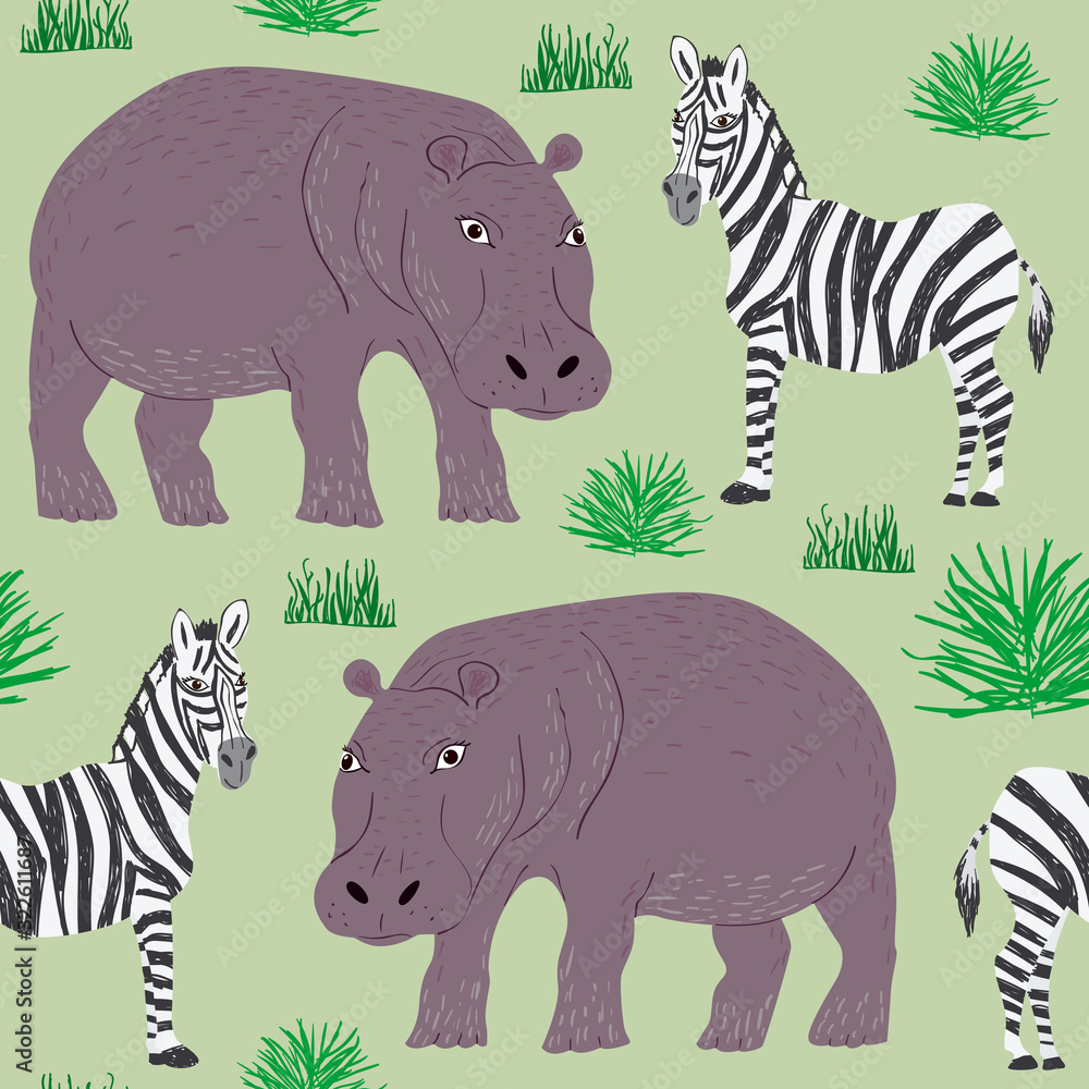 Seamless pattern of cartoon hippopotamus and zebra. Repeatable textile ...