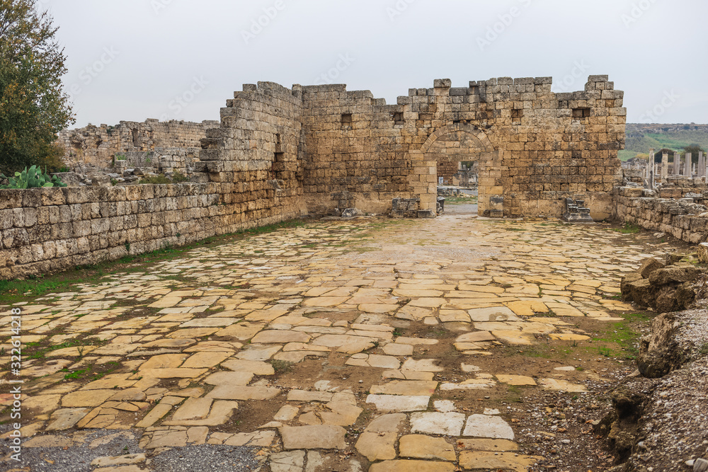Historical site of Perge or Perga in Antalya, Turkey. Vast remains of ...
