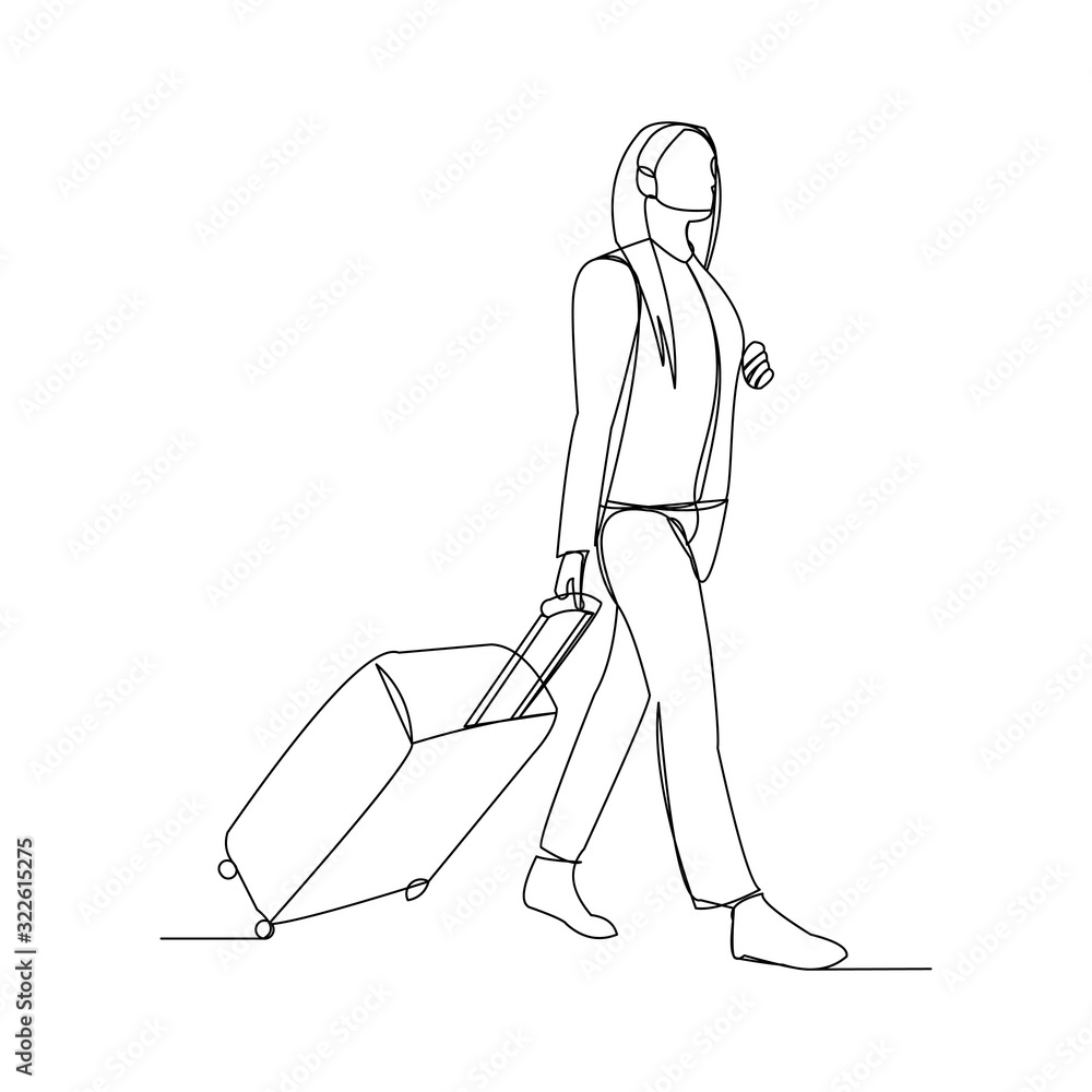 Continuous line drawing of woman holding luggage case. One line art of ...