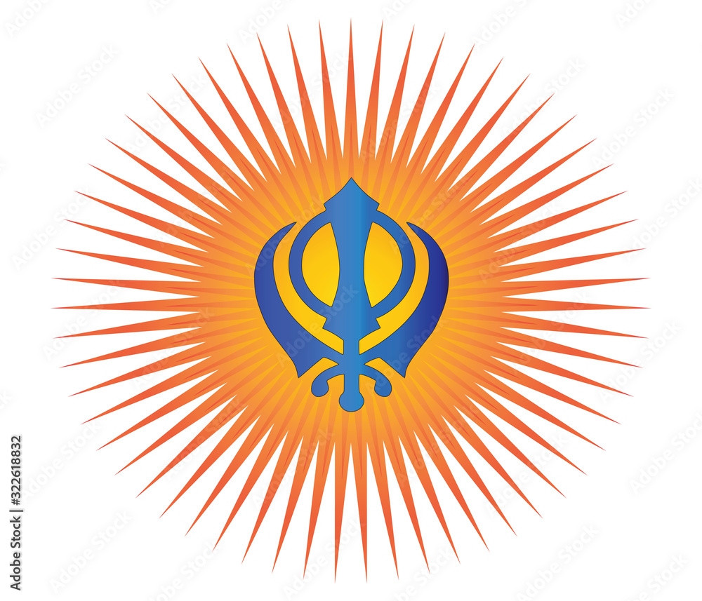 The main symbol of Sikhism – sign Khanda. Red and gold gradient rays ...