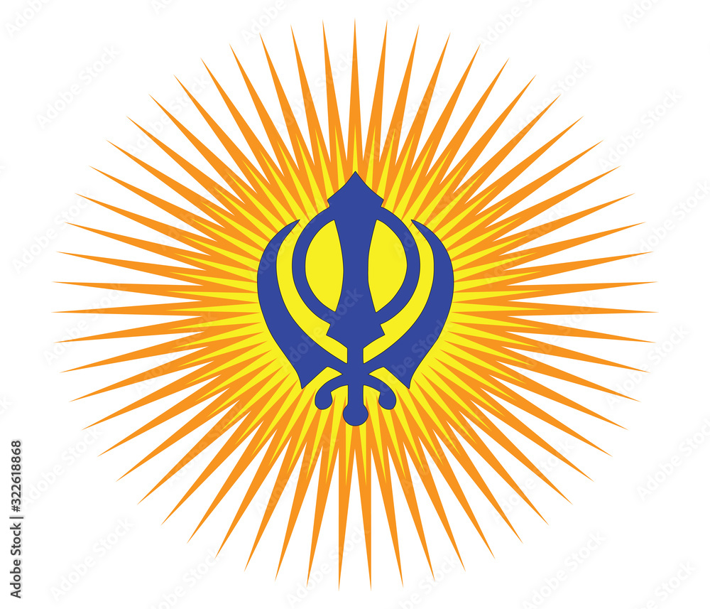 The main symbol of Sikhism – sign Khanda. Red and gold gradient rays ...