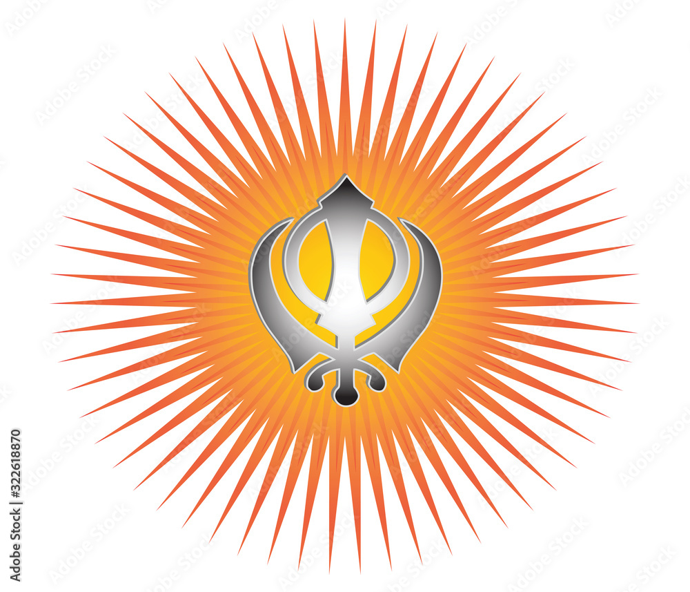 The main symbol of Sikhism – sign Khanda. Red and gold gradient rays ...
