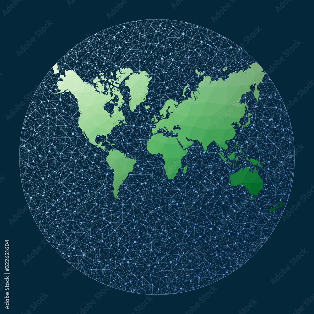 World map connection. Lagrange projection. Green low poly world map ...