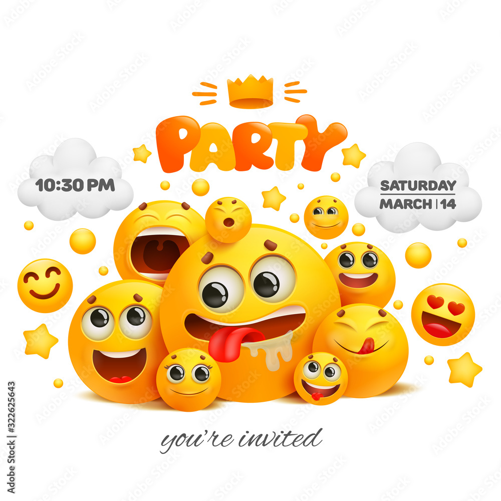 Party invitation card template with group of emoji characters. Stock ...