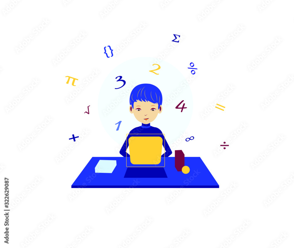 Young boy studying math, algebra, physics, on the desk with a laptop ...