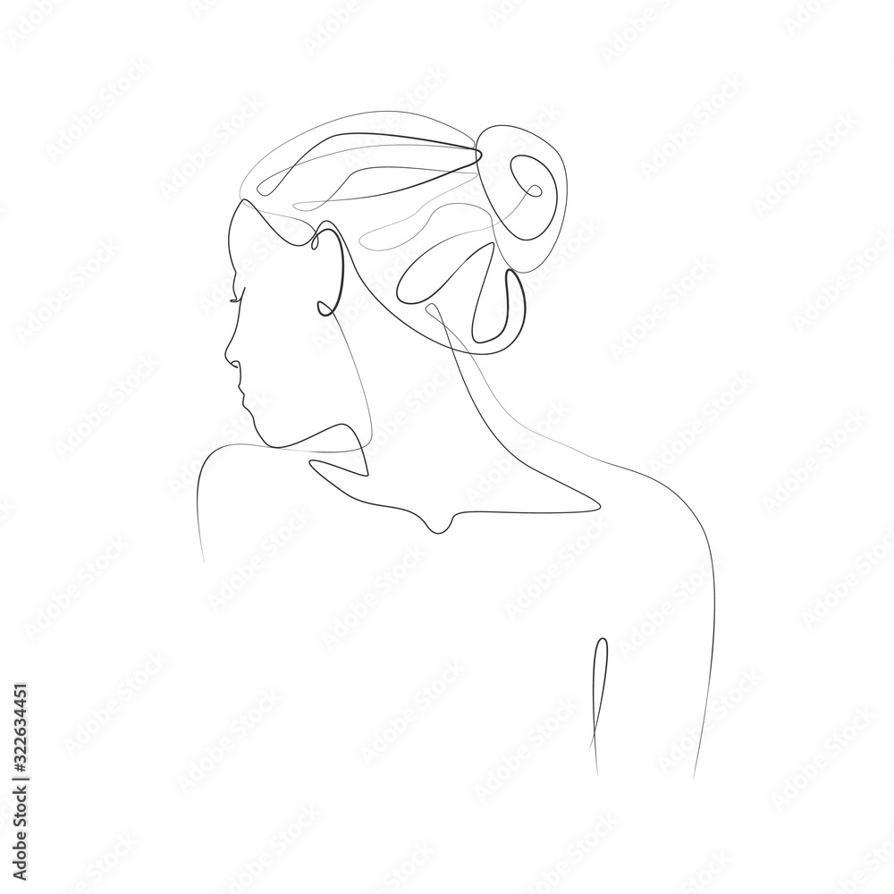 Young woman turning away face one line drawing on white isolated ...