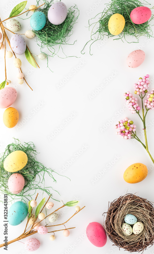 Top down vertical view of an Easter border frame including robin's eggs ...