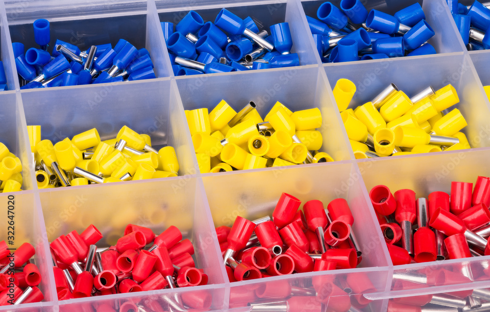 Ferrule pin cord end terminals kit detail arranged in grid of plastic ...