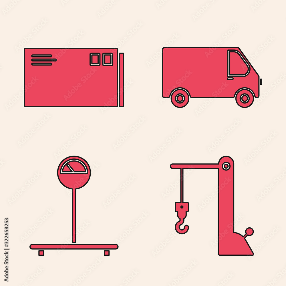 Set Harbor port crane, Envelope , Delivery cargo truck vehicle and Scale icon. Vector Stock ...