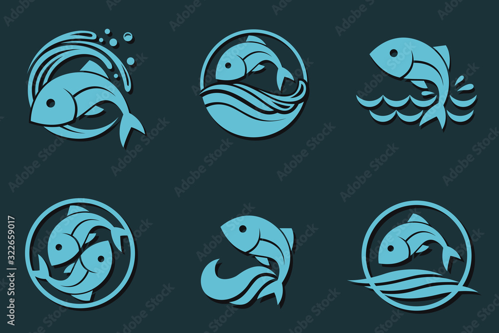 collection of fish icon with waves isolated on dark background Stock ...
