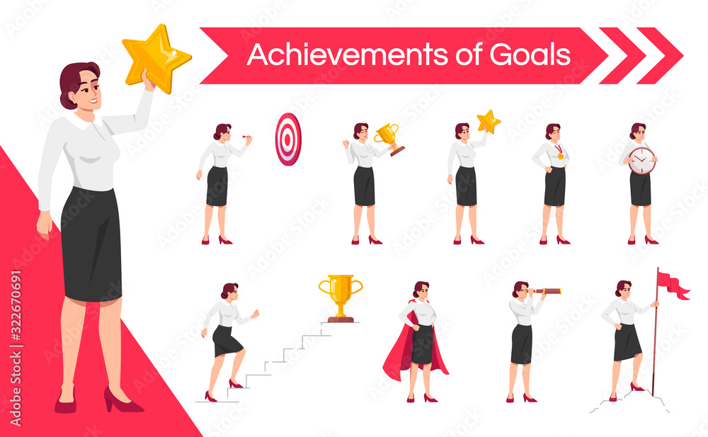 Successful woman flat vector illustrations set. Female office worker ...