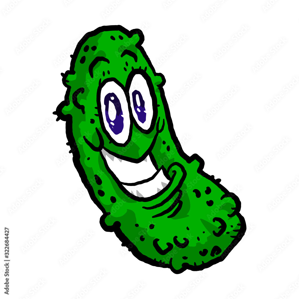 Funny cartoon pickle mascot character -- big smile, bumpy green skin ...