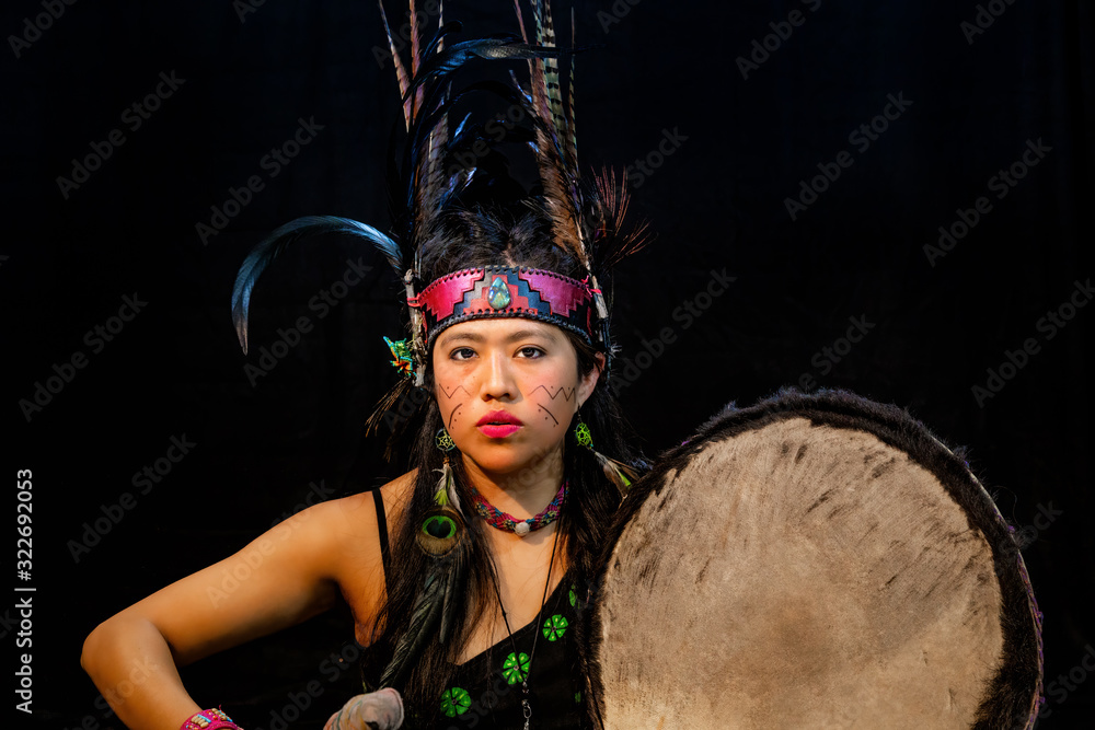 close up of young woman Teotihuacana, Xicalanca - Toltec in black ...
