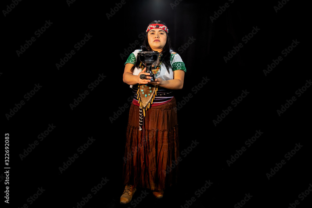 young woman Teotihuacana, Xicalanca - Toltec in black background, with ...