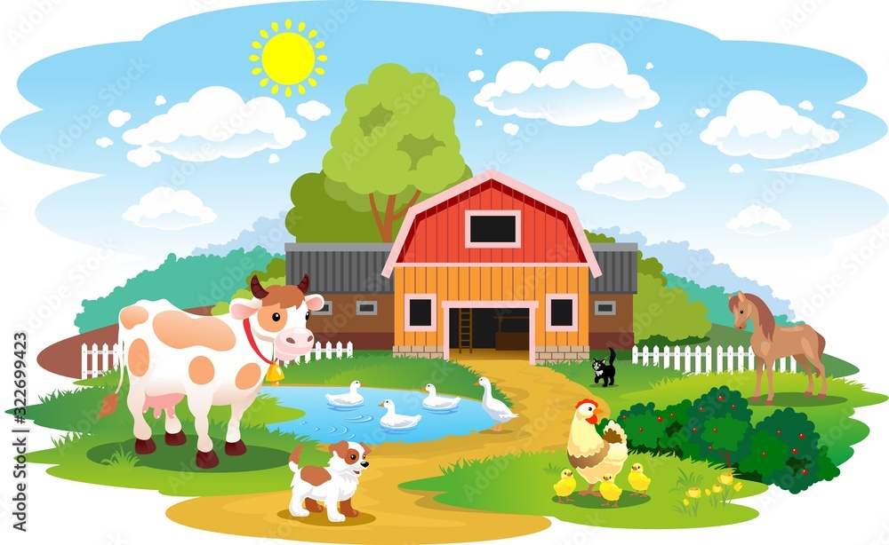 Summer landscape with farm animals and barn. Farm animals. Summer ...