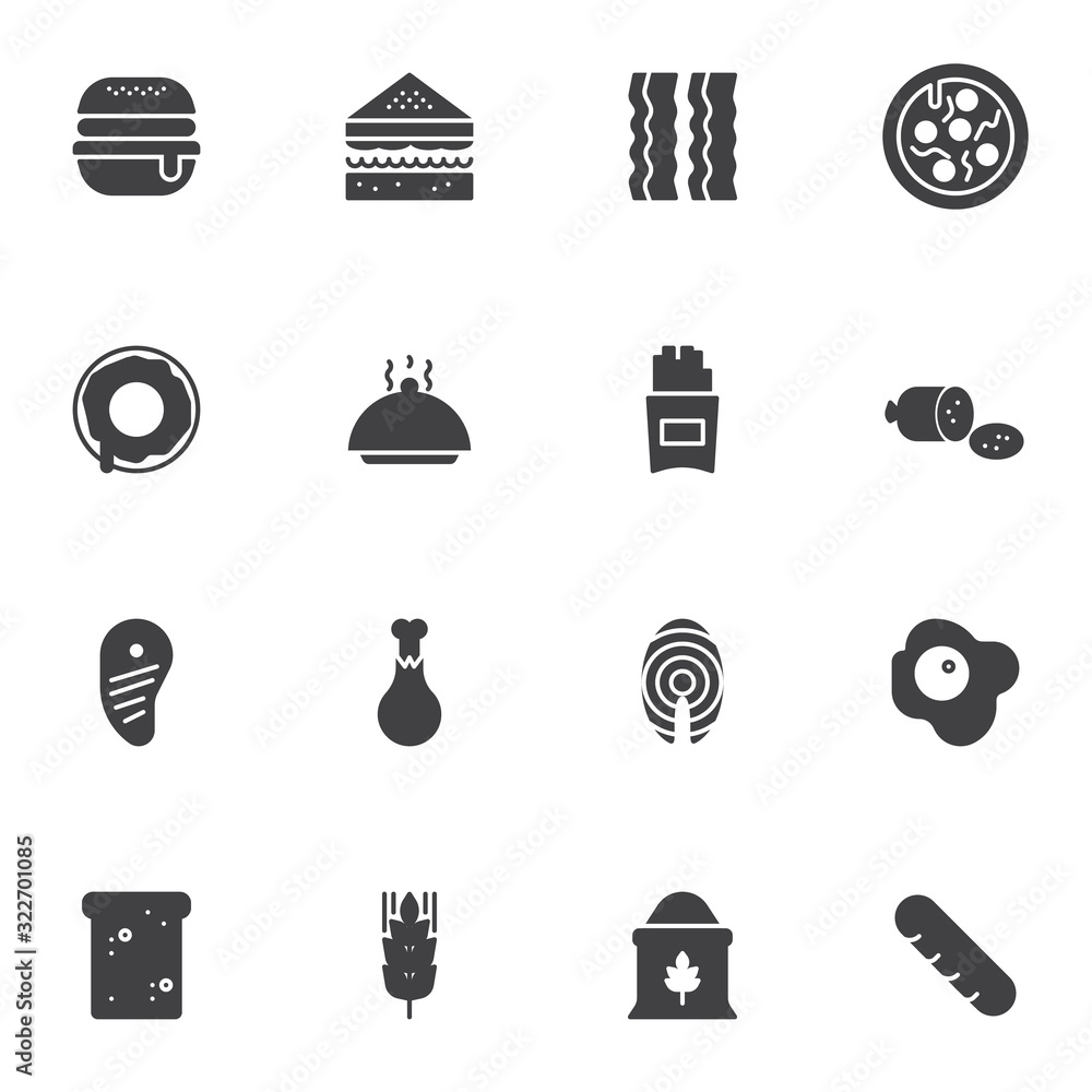 Food menu vector icons set, modern solid symbol collection, filled ...