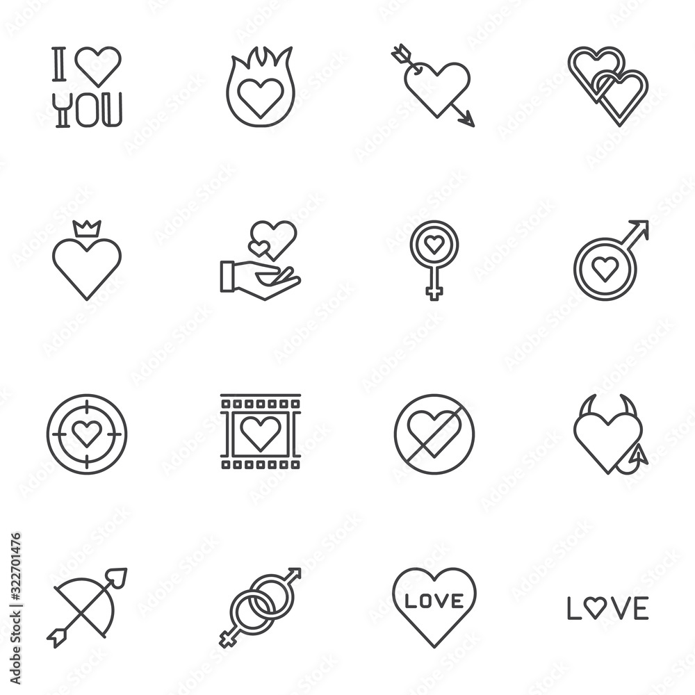 Romance Love Line Icons Set Linear Style Symbols Collection Outline