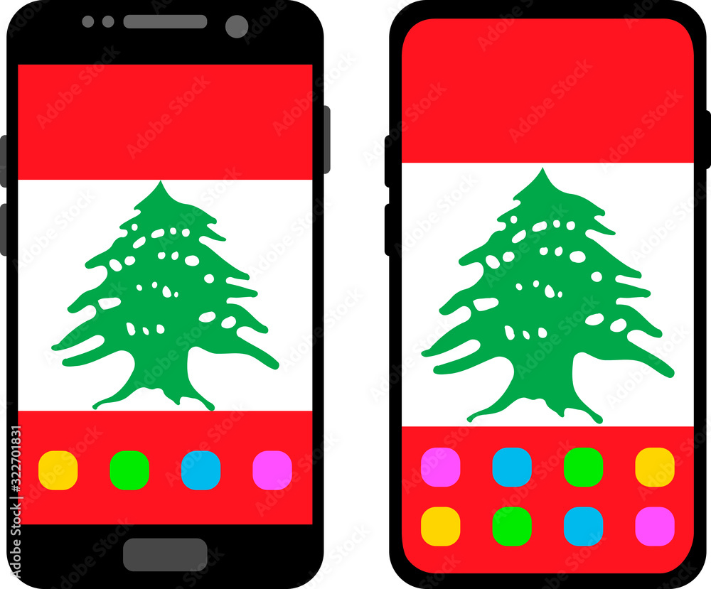 Two black smartphones with a home screen and wallpaper with the flag of ...
