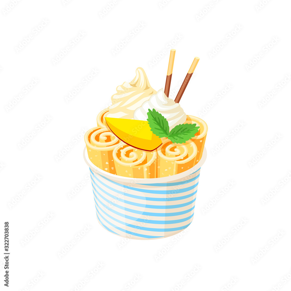 Basket of stir fried yellow ice cream rolls under whipped cream ...